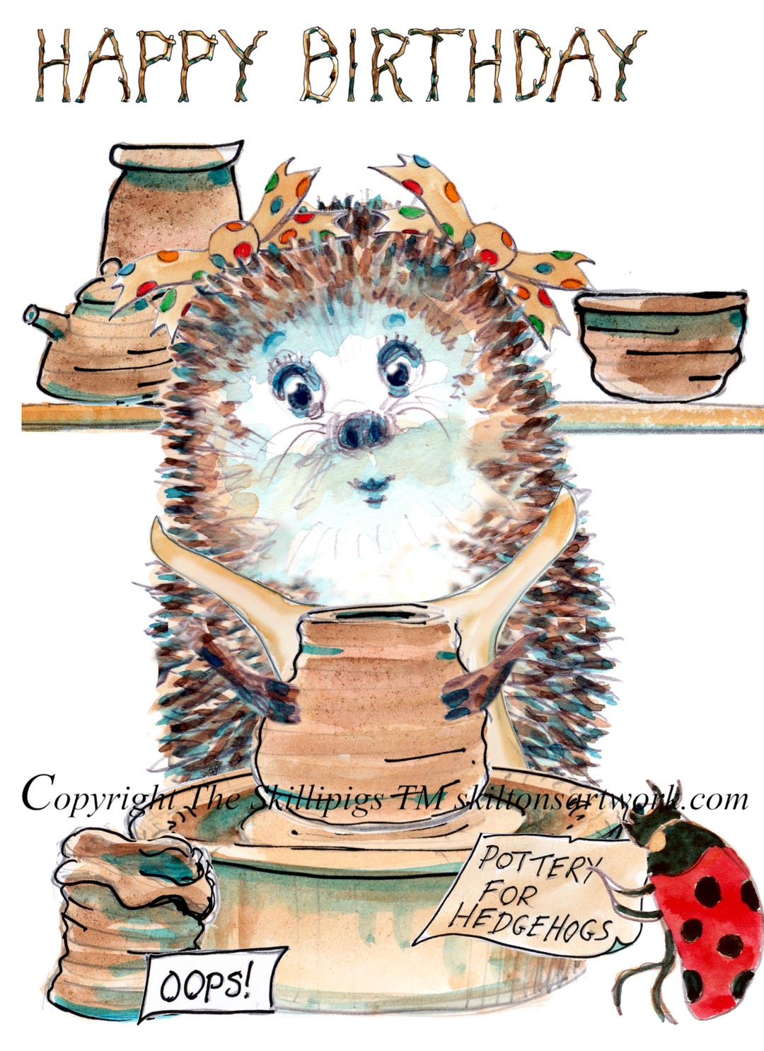 4103 Pottery Birthday Card Female Hedgehog Potter's Wheel Throwing a ...