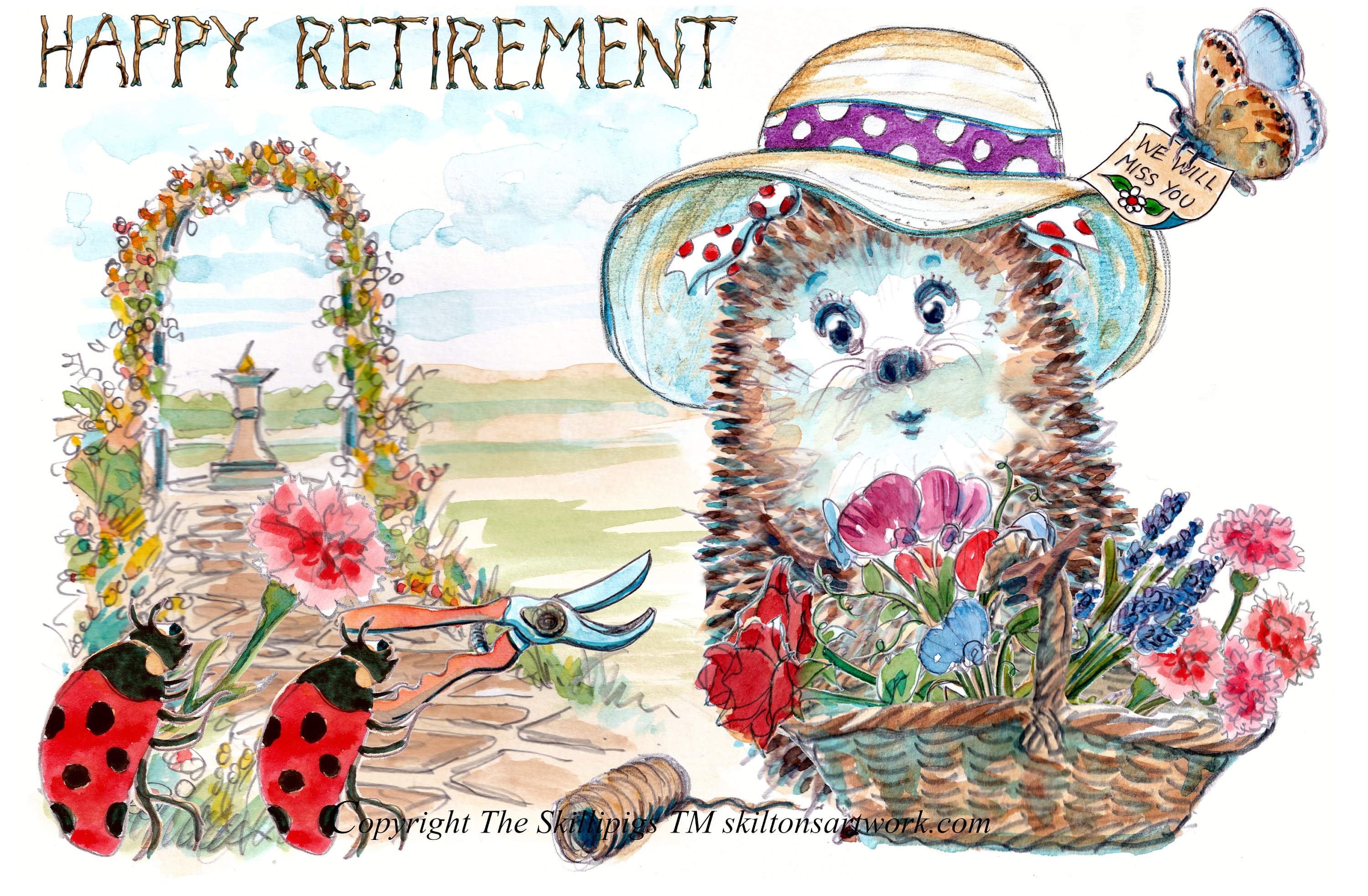 HAPPY RETIREMENT Flower Gardening Card, Female Hedgehog Gardener With ...