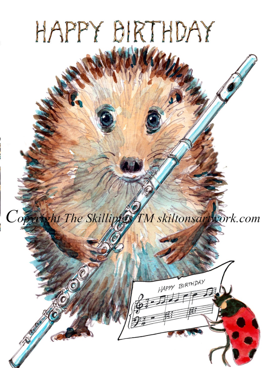 4225 Flute Player Hedgehog Birthday Card, Watercolour Art Print UK ...