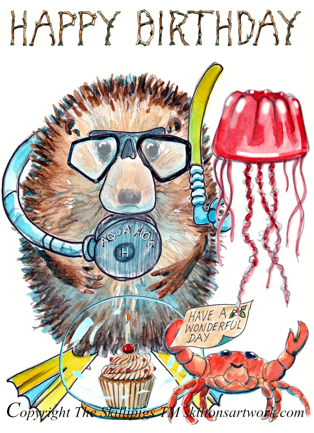 3680 HAPPY BIRTHDAY Scuba Diver Card Mask Flippers Aqua Lung Cake Crab ...