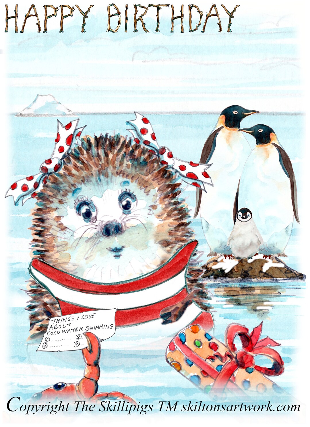 3724 Cold Water Swimming HAPPY BIRTHDAY Card Icebergs Penguins and Crab ...