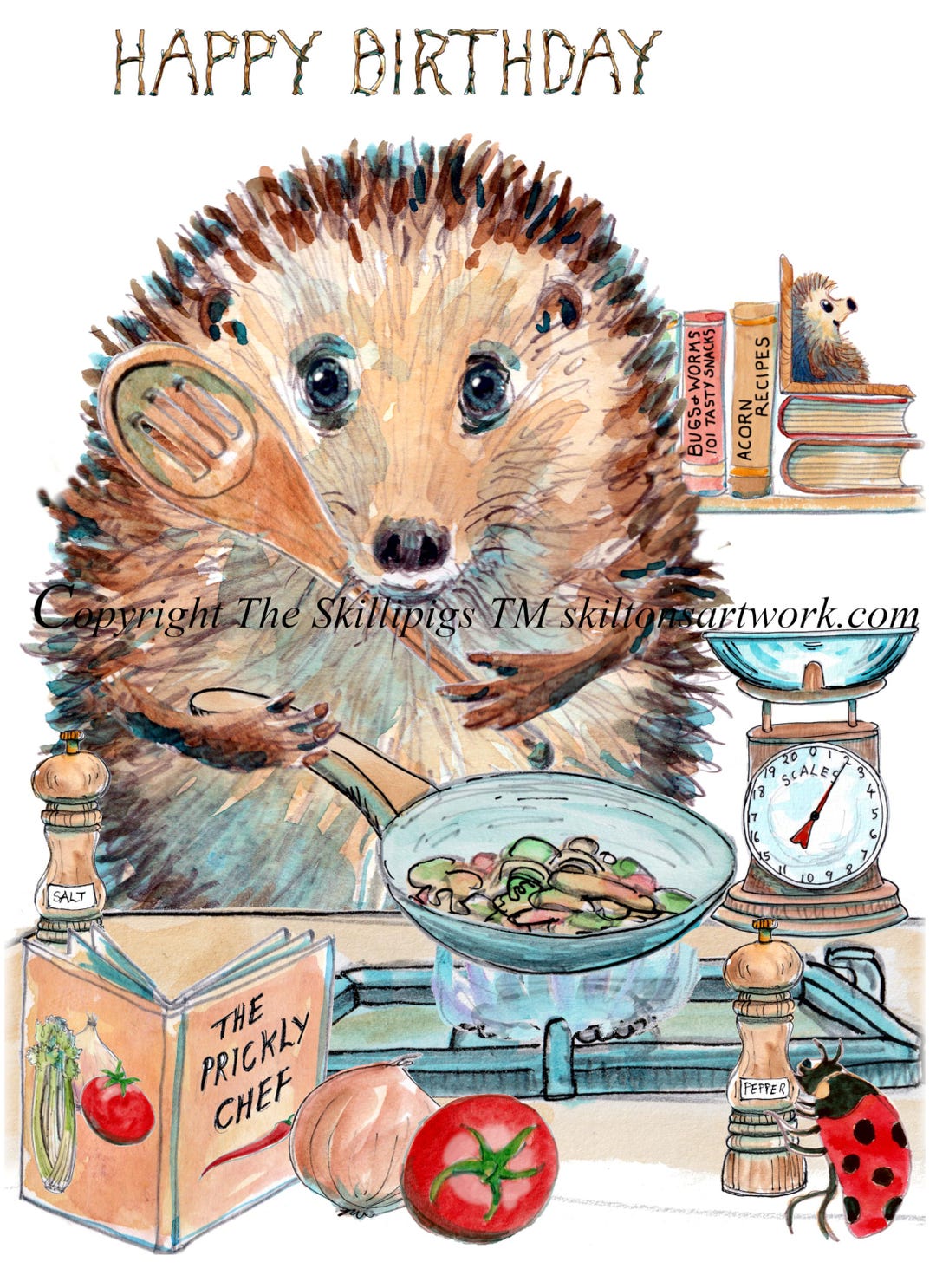4647 Cooking Birthday Card Male Hedgehog Chef in His Kitchen Veg and ...