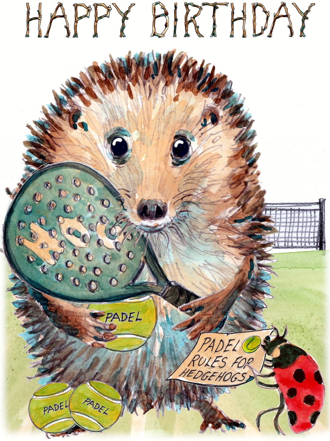 3089 Padel HAPPY BIRTHDAY Card Padel Ball Card. Sports Hedgehog With ...