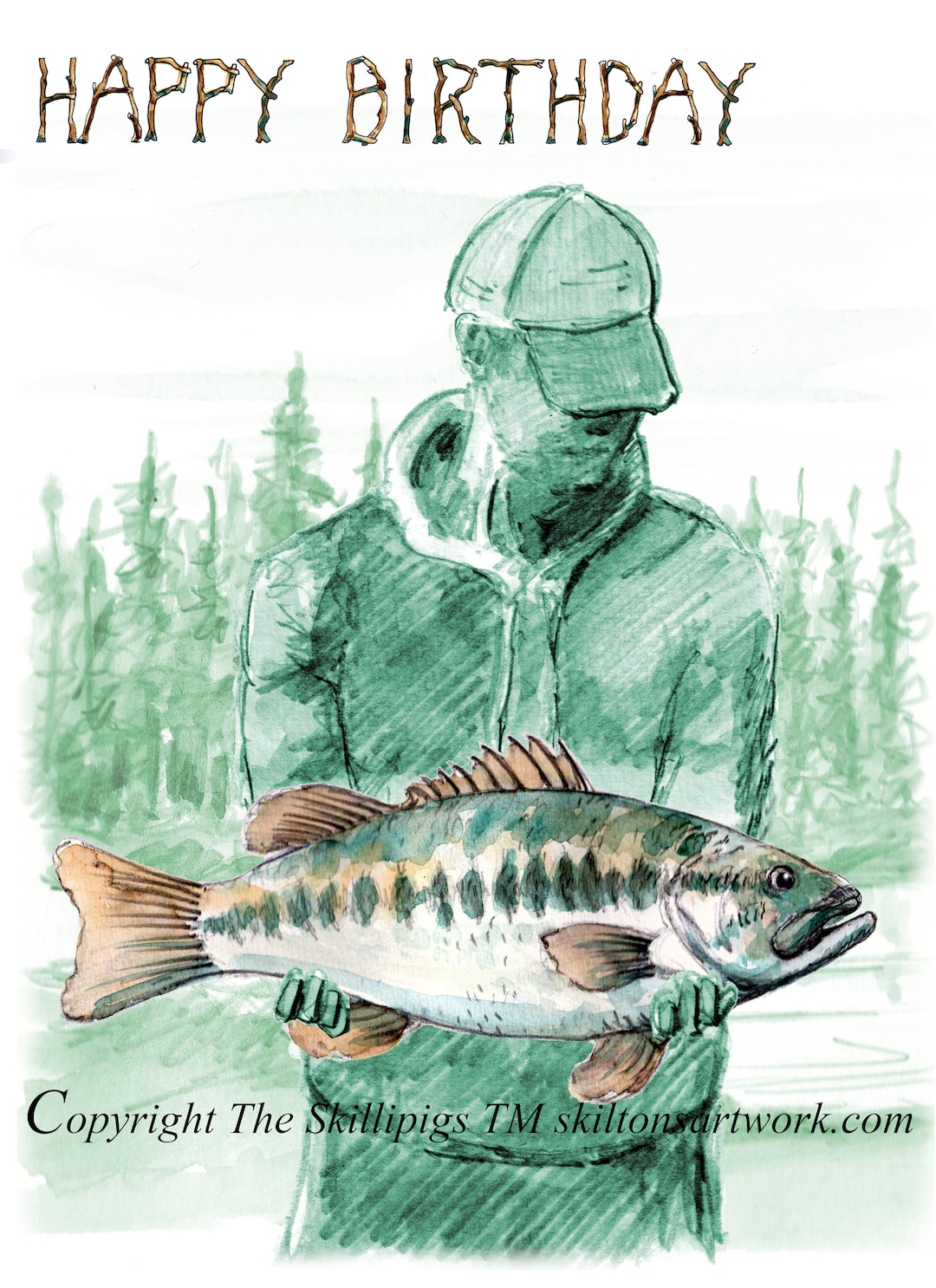 3657 HAPPY BIRTHDAY Bass Fishing Card. Fisherman Angler Holding a Bass ...