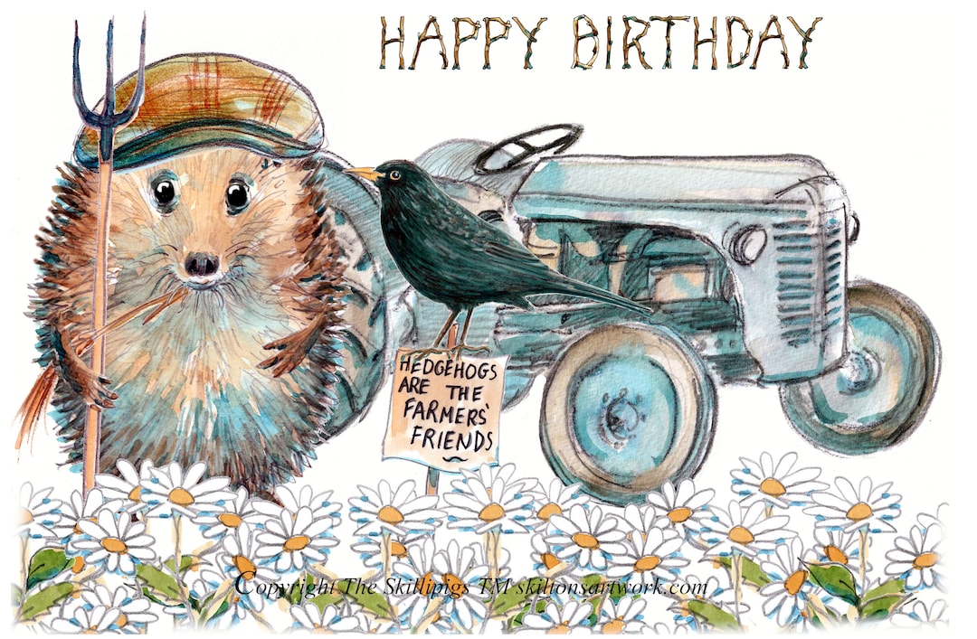 2407 Farmer HAPPY BIRTHDAY Card. Farming Hedgehog With His Vintage ...