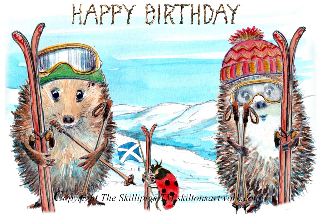 Skiing HAPPY BIRTHDAY Card, Hedgehog Skiing Skiers Scotland Highlands ...