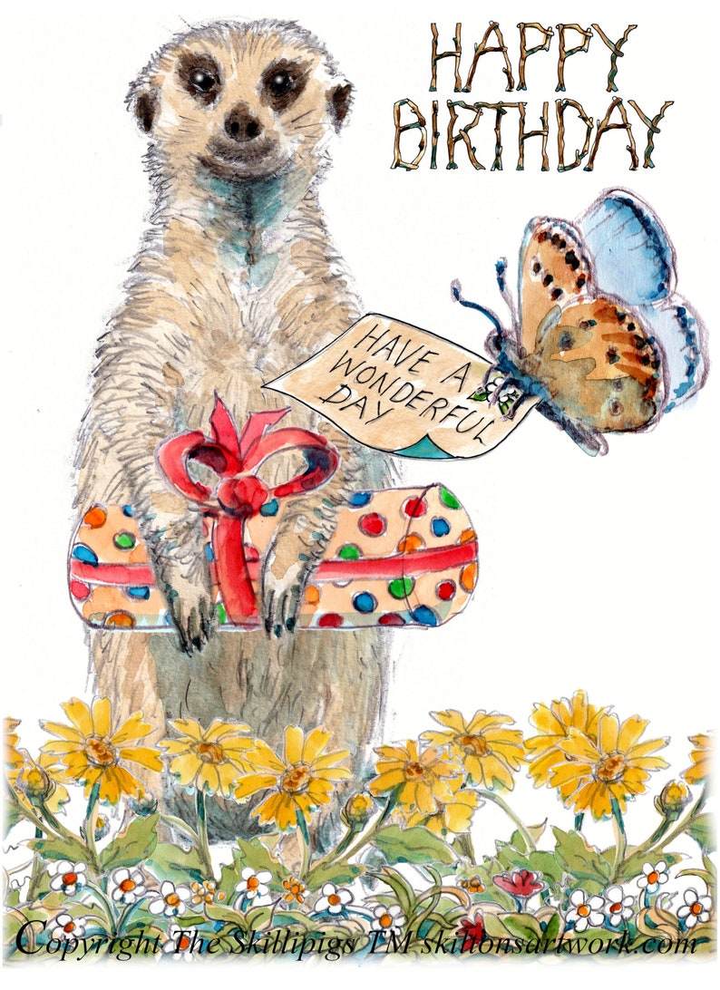 3308 Meerkat BIRTHDAY Card, Standing Smiling Holding a Present This Can ...