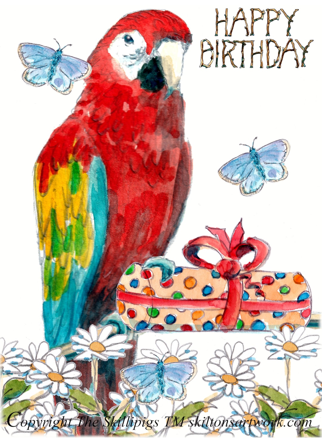 HAPPY BIRTHDAY Card, Parrot, Papagei, Parot, Loro, Macaw With a Present ...