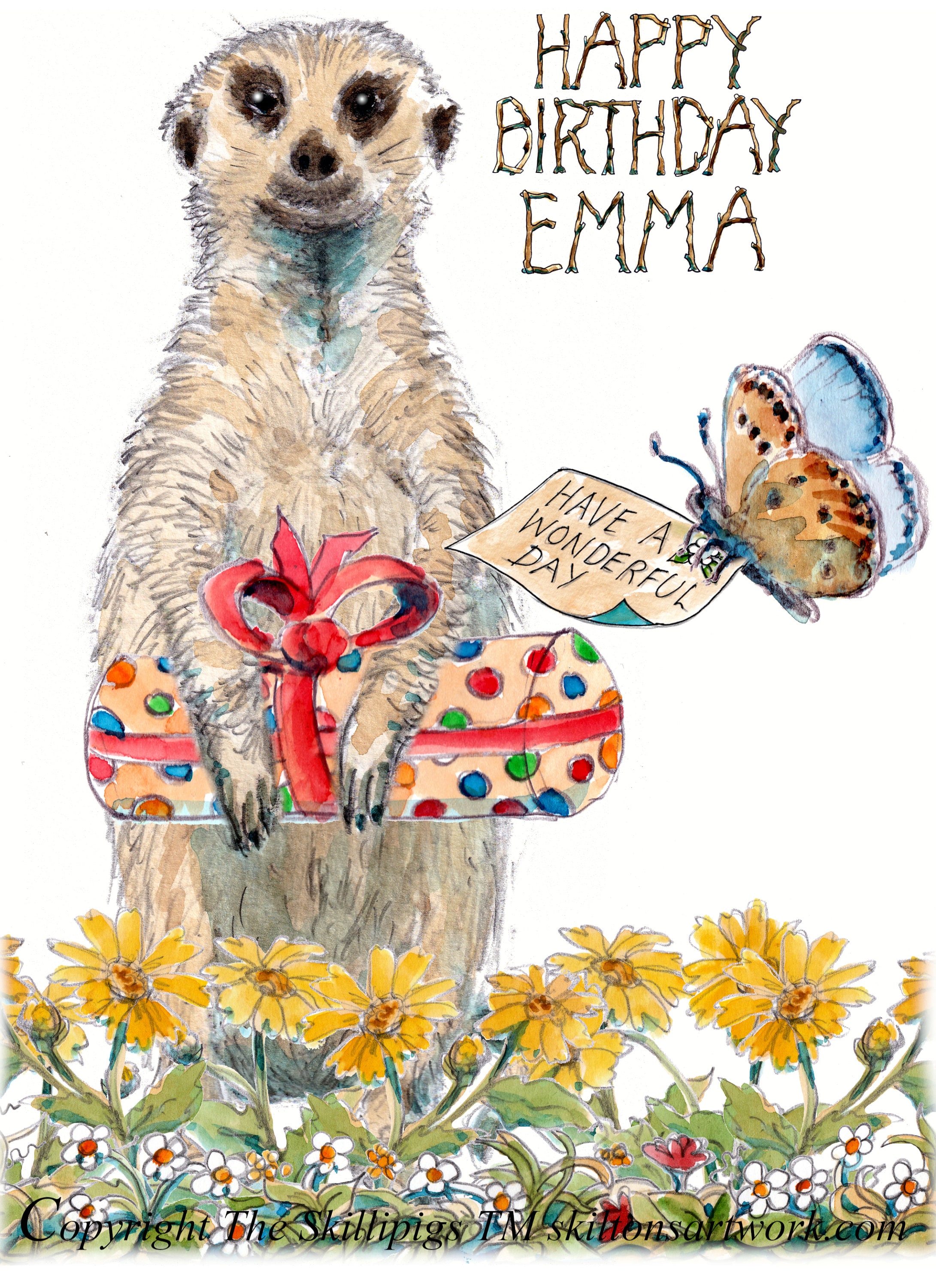 3308 Meerkat HAPPY BIRTHDAY Card, Standing Smiling Holding a Present a ...