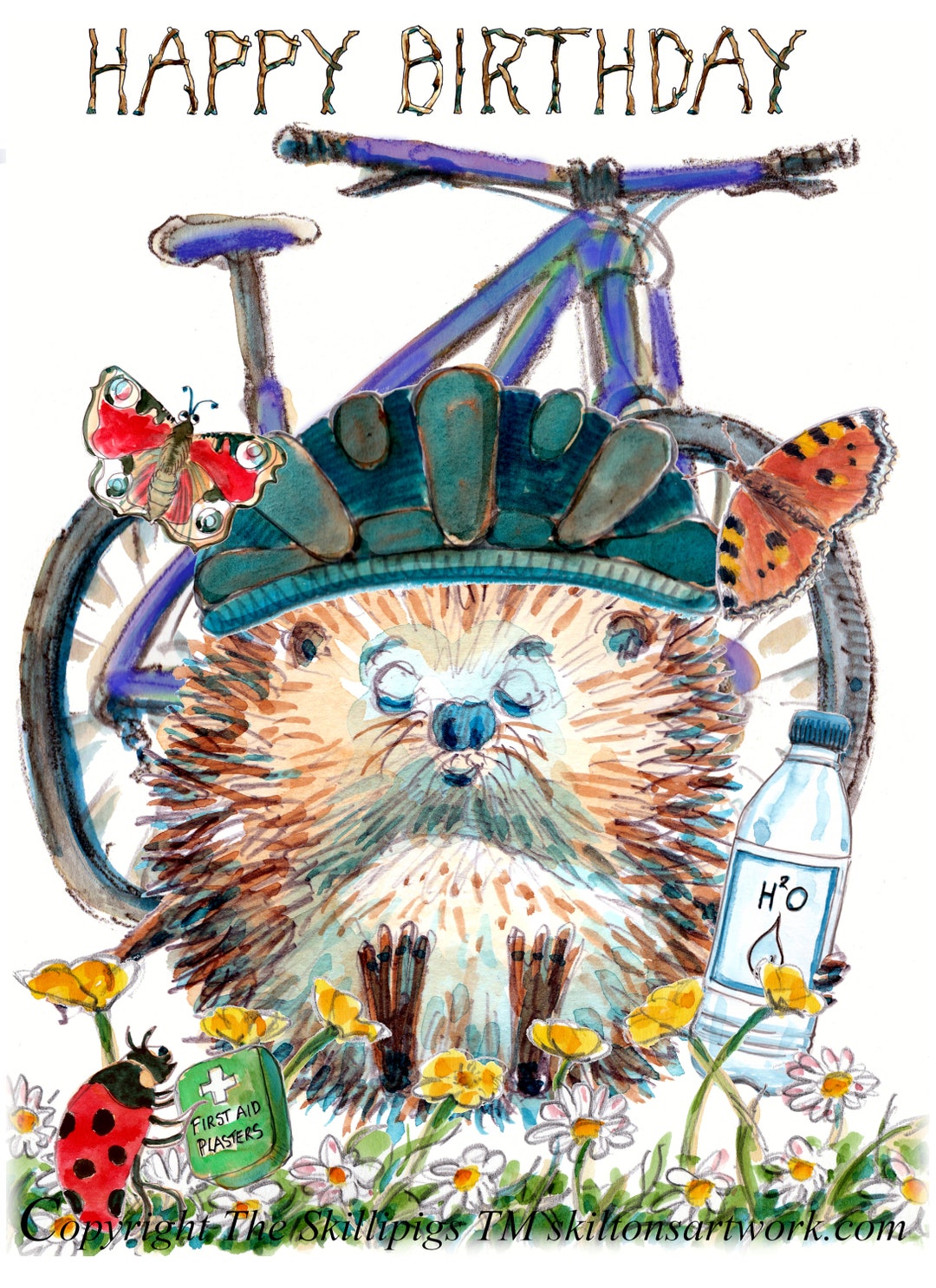Cyclist HAPPY BIRTHDAY Card. Hedgehog With Bike Looking Tired, Water ...