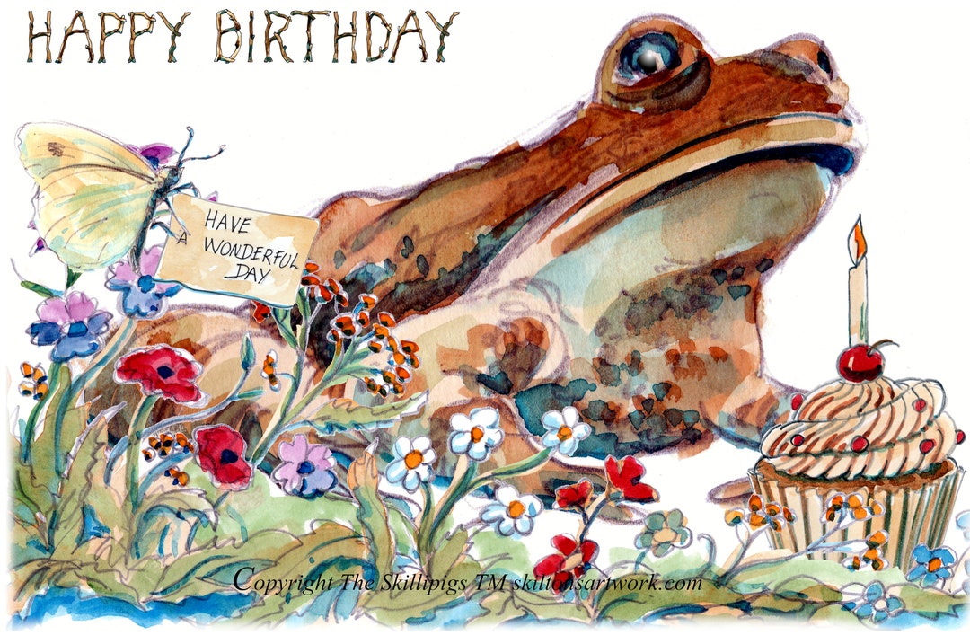 HAPPY BIRTHDAY Frog Card , a Happy Looking Frog, Candle, Cake ...