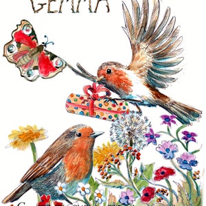 Happy Birthday With a Robin With a Gift for Another. Skillipig Greeting ...