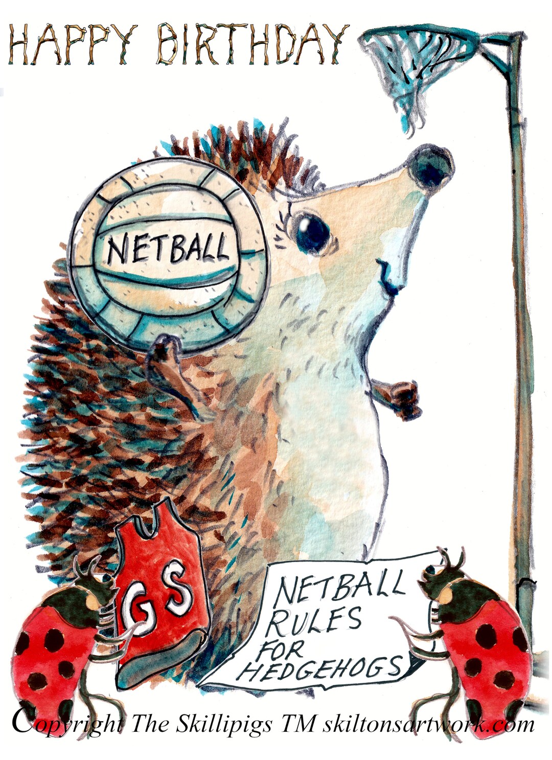 Netball Birthday Card HAPPY BIRTHDAY With Hedgehog Shooting at the Hoop ...