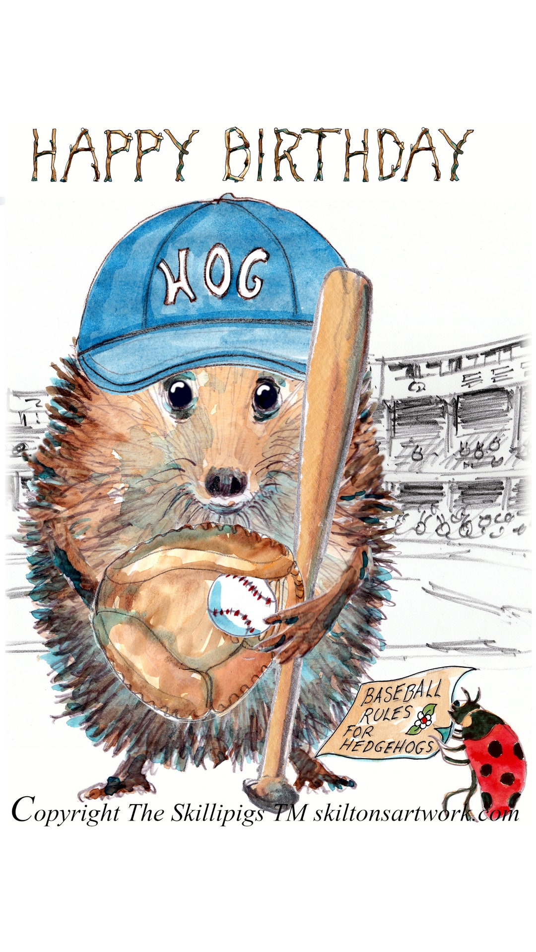 Baseball Happy Birthday Card. Ballgame Playing Hedgehog Sportsman With ...