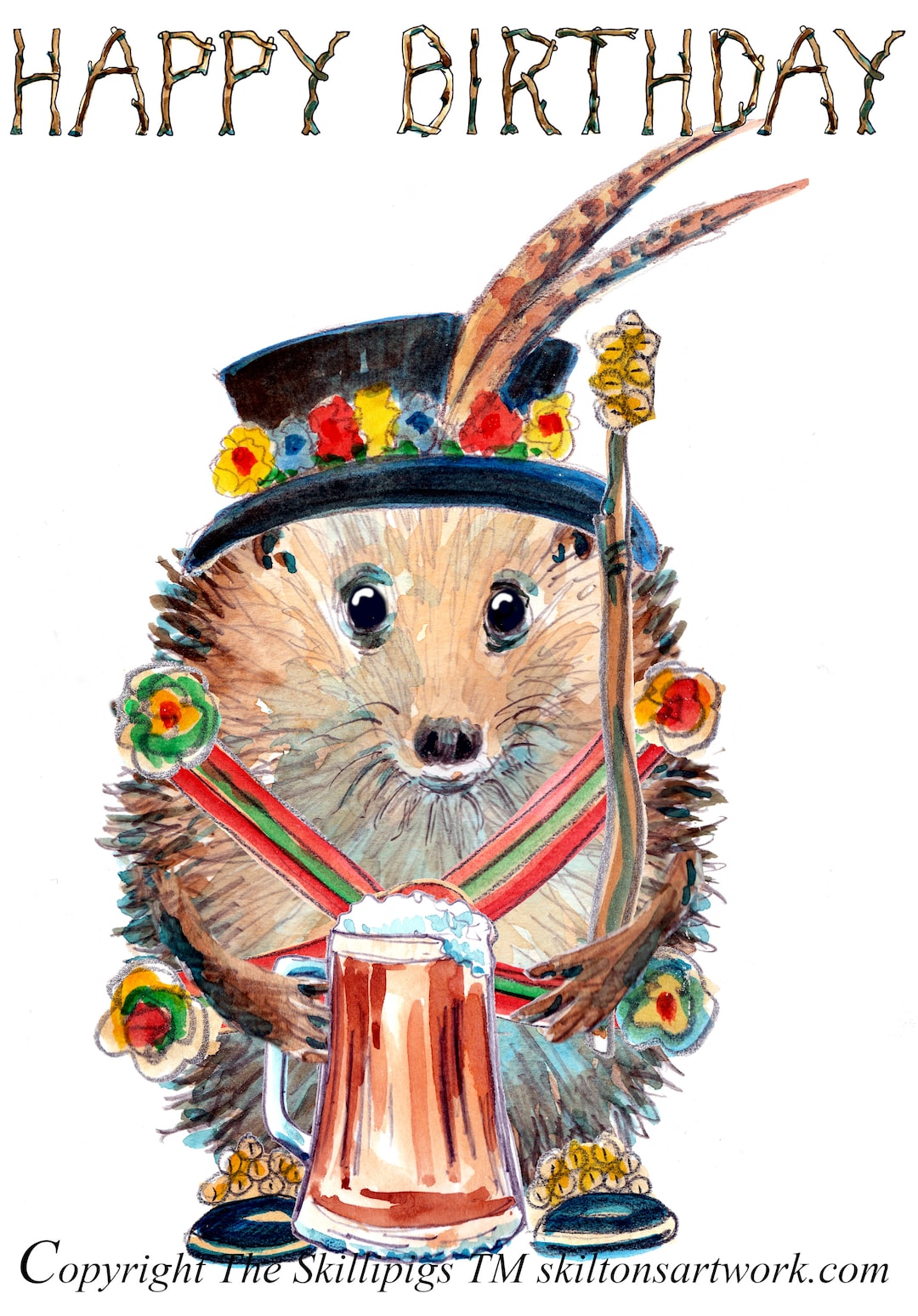 874 HAPPY BIRTHDAY Card, Morris Dancer Hedgehog With His Bells, Stick ...