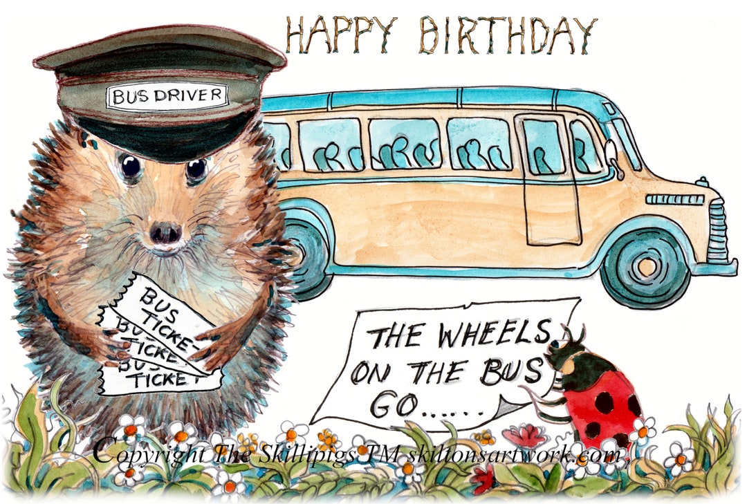 Wheels on the Bus Birthday Card Vintage Bus or Coach With Hedgehog ...