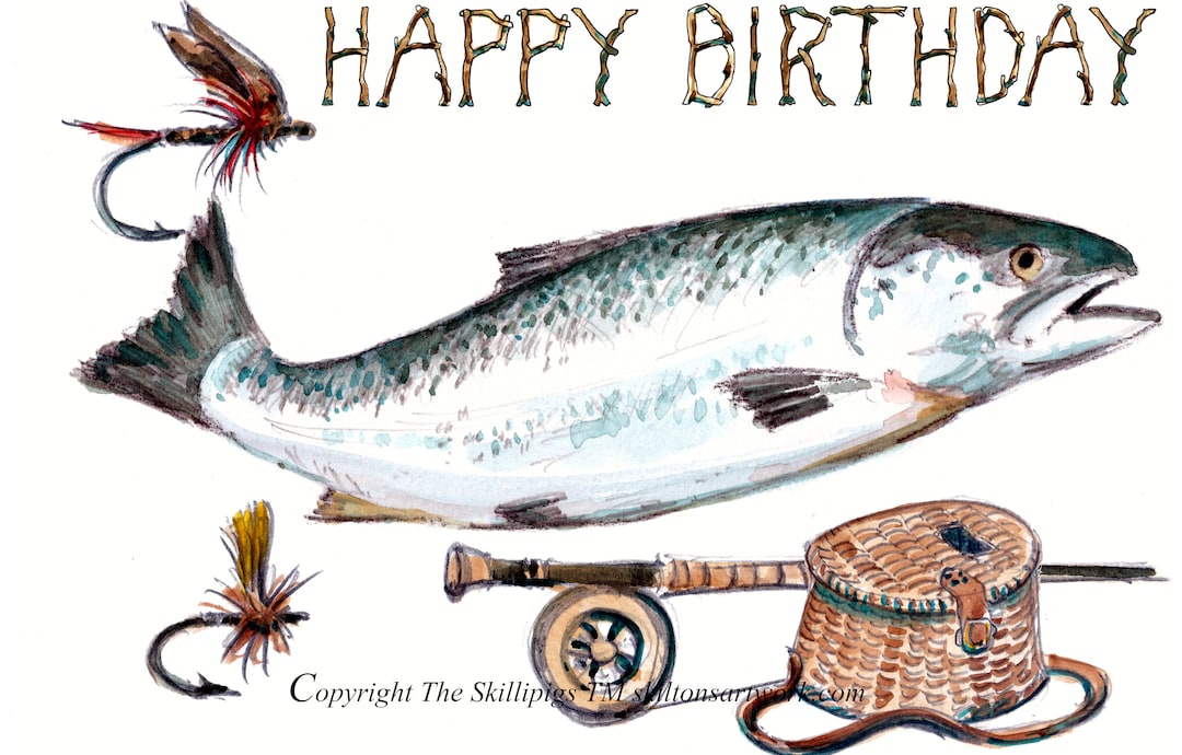 3033 Salmon HAPPY BIRTHDAY Card Fly Fishing. Fisherman's Flies Fishing ...
