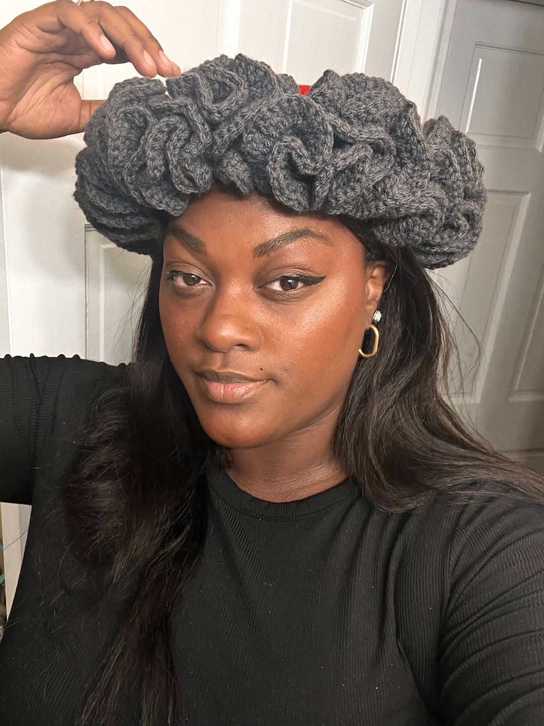 Red Velvet Crochet Crown Ruffle Bucket Hat, Knit Ruffle Bucket Hat ...