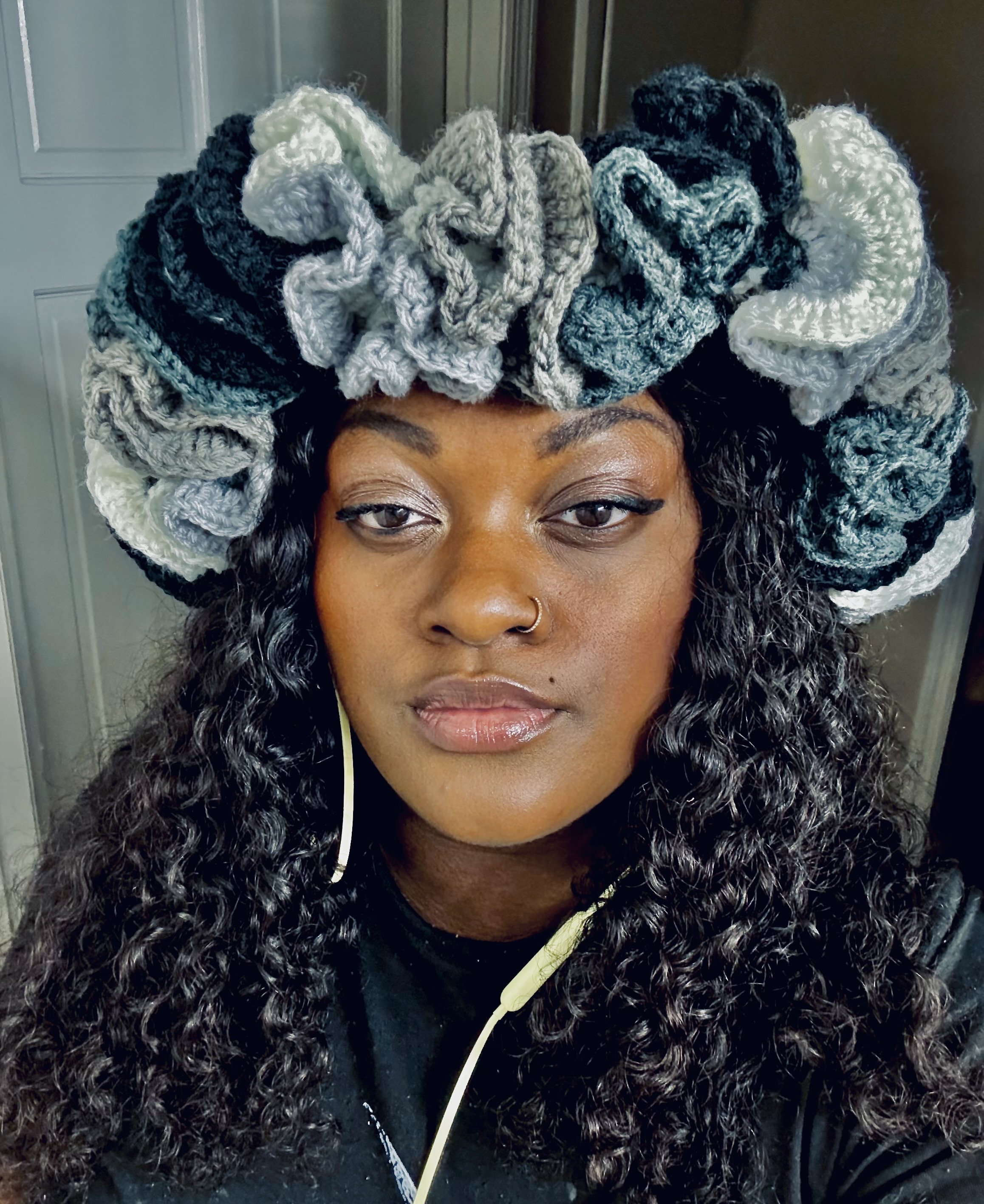 Black & Grey Ombré Crochet Crown Ruffled Headband, Bucket Hat, Ruffled ...