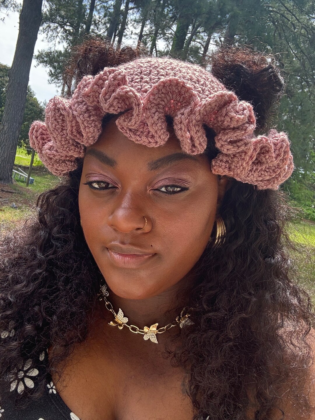 Puff Puff Dusted Pink Glitter Crochet Ruffled Hat, Bucket Hat, Ruffled ...