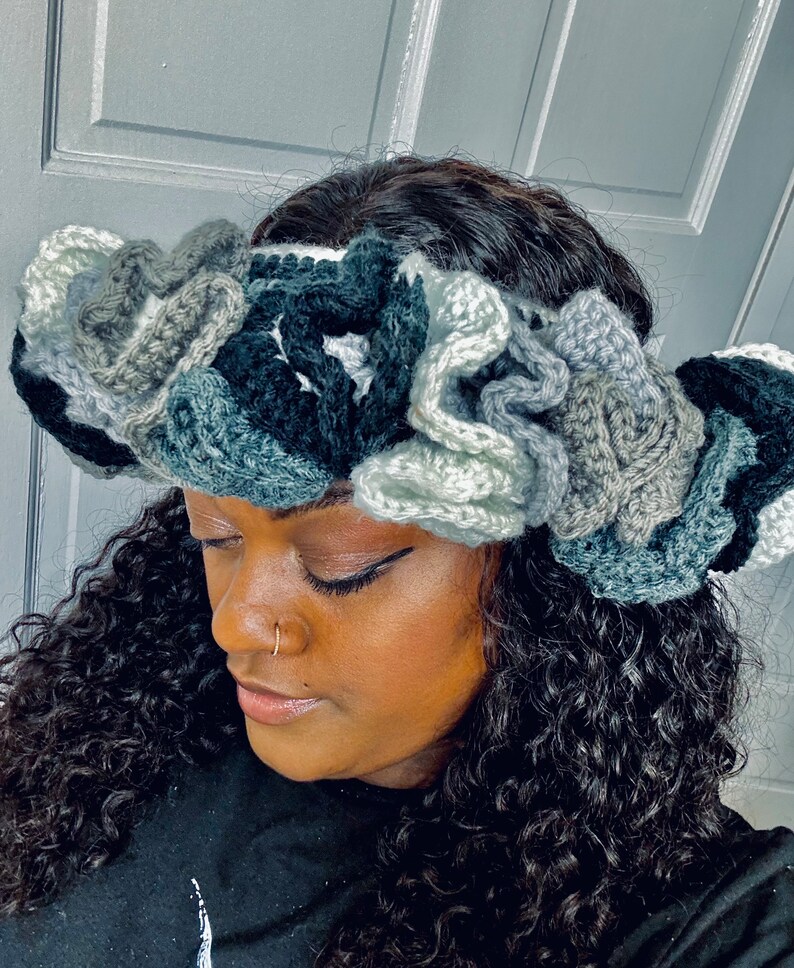 Black & Grey Ombré Crochet Crown Ruffled Headband, Bucket Hat, Ruffled ...
