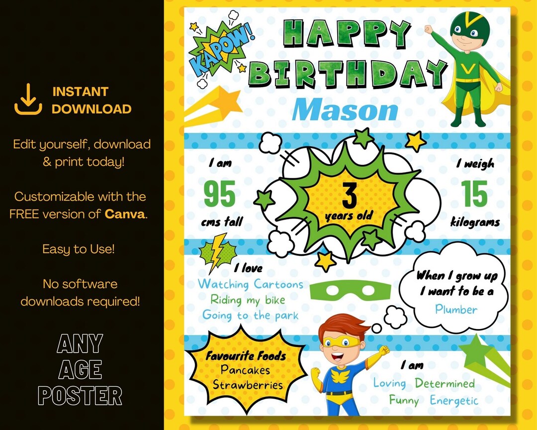 Editable Superhero Birthday Milestone Poster. Printable Kids Milestone ...