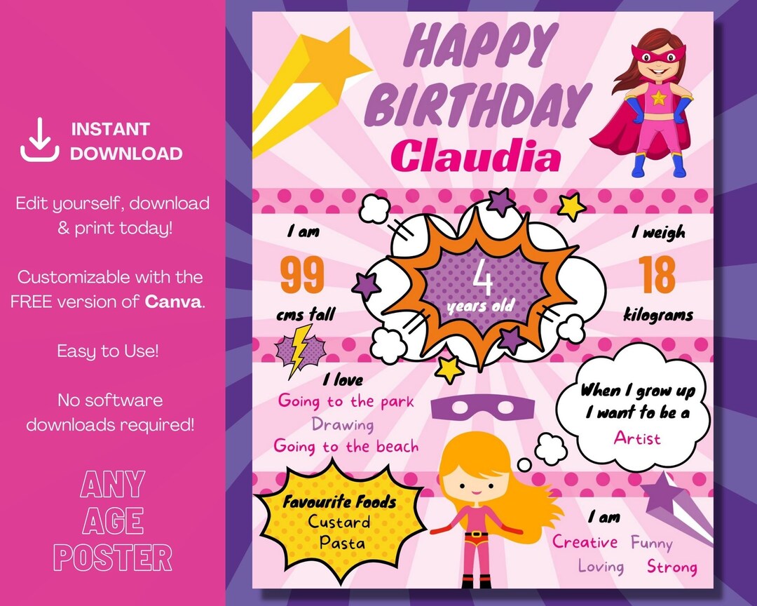 Editable Superhero Birthday Milestone Poster. Printable Kids Milestone ...