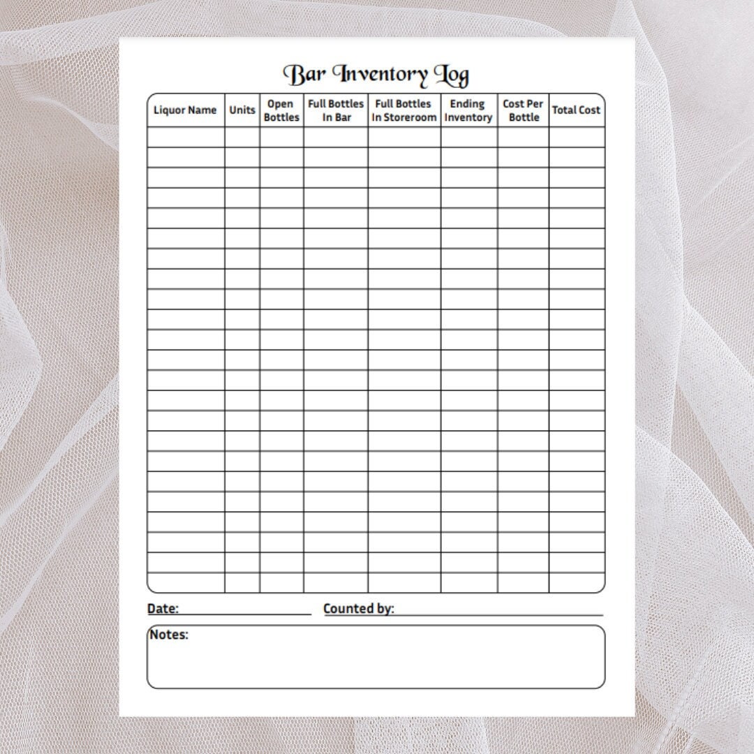 Liquor Inventory Bar Inventory Log Printable Inventory Etsy