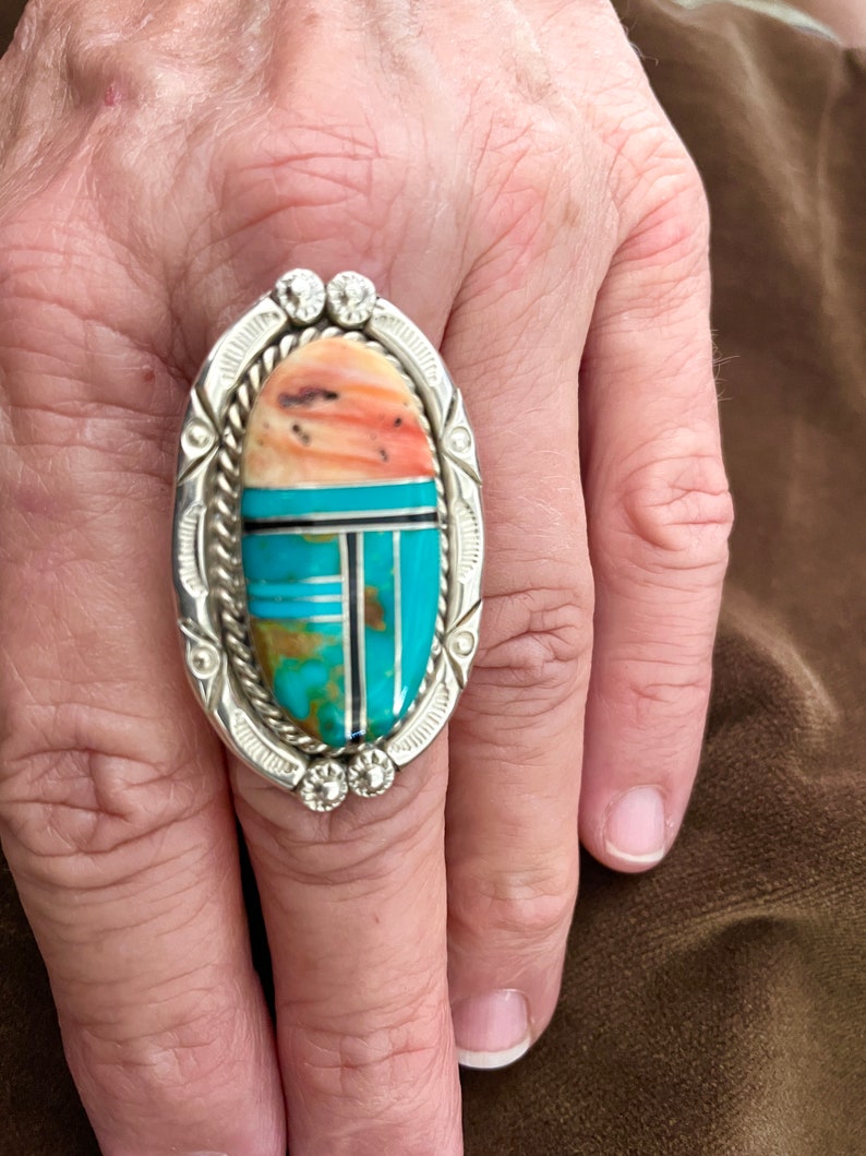 Vintage V & N Edsitty Navajo Inlay Ring With Turquoise, Coral, Spiny ...