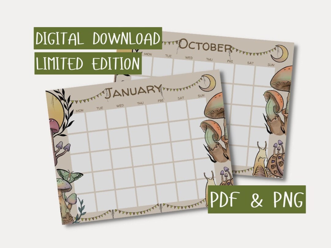 Goblincore Printable Monthly Blank Calendar | Sunday-start / Monday ...