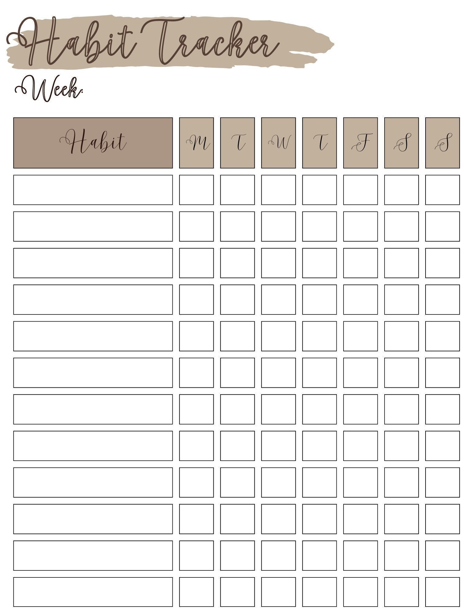 Weekly Printable Minimalistic Aesthetic Habit Tracker- Brown Printable ...