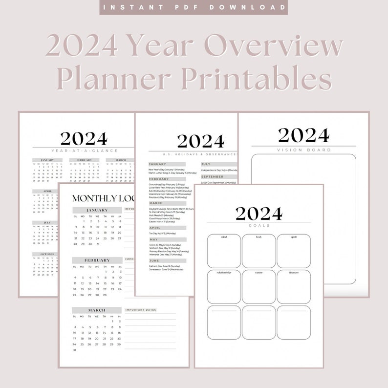 2024 Year Overview Planner Printable | Productivity | Agenda | Sunday ...