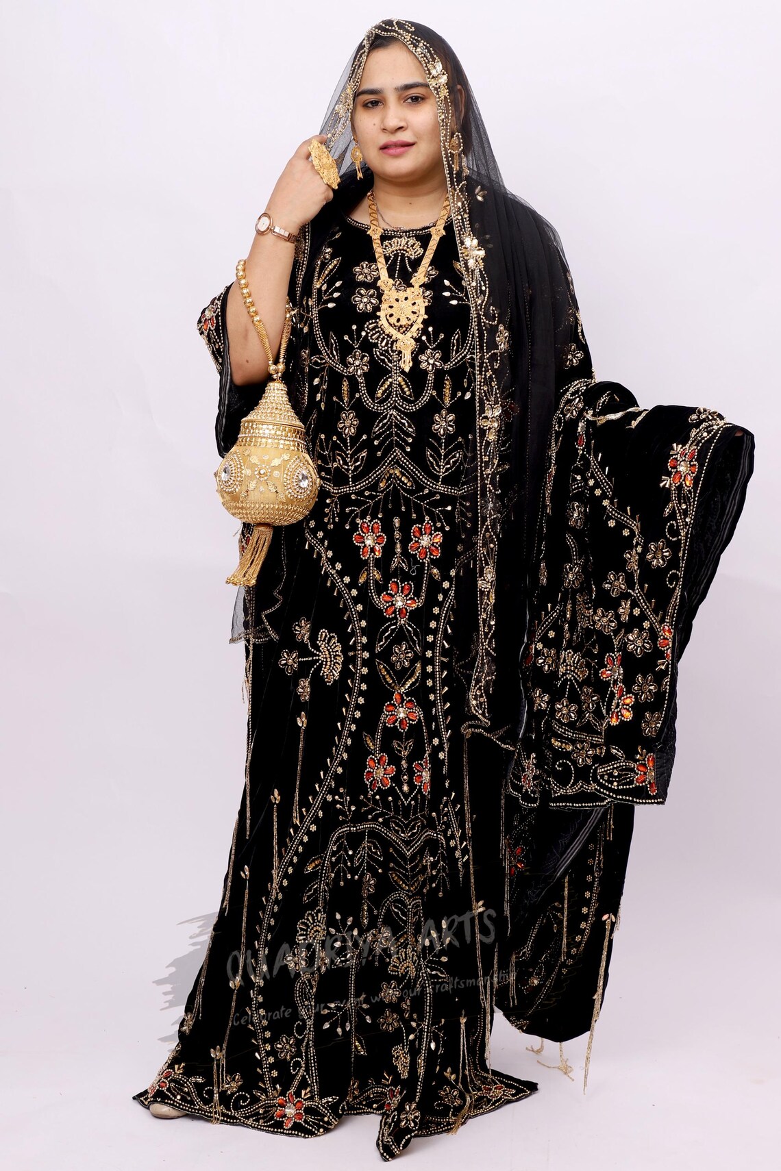 Gold Hand-embroidered Velvet Dirac Dress: Modest Wedding Gown With Gold ...