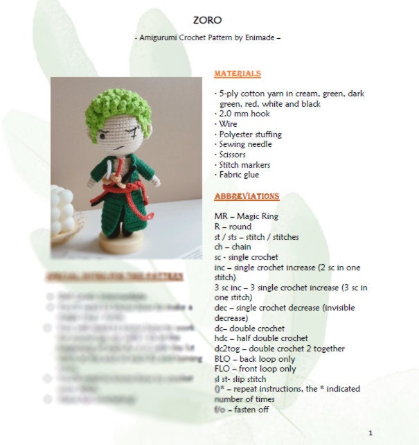 Roronoa Zoro Inspired Crochet Pattern Pirate Hunter Samurai Amigurumi ...