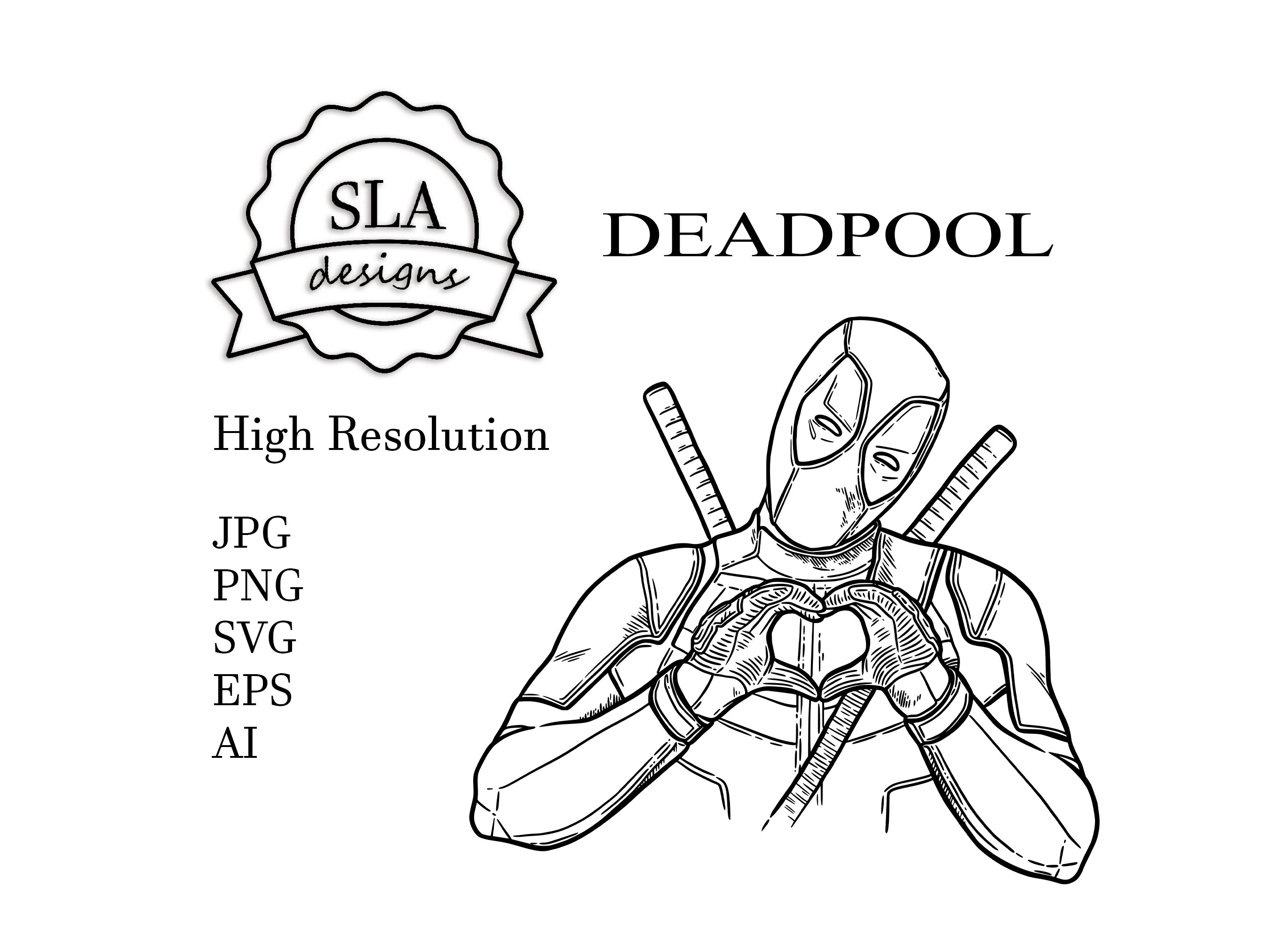 Outline Deadpool SVG, Marvel Fan Art Linocut, Funny Valentine Heart ...