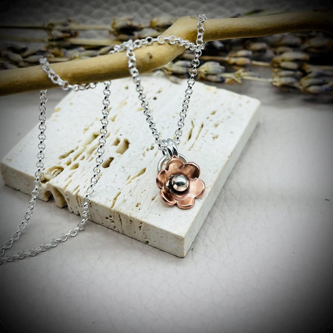 Copper Flower Necklace, Sterling Silver Flower Necklace, Copper Flower ...