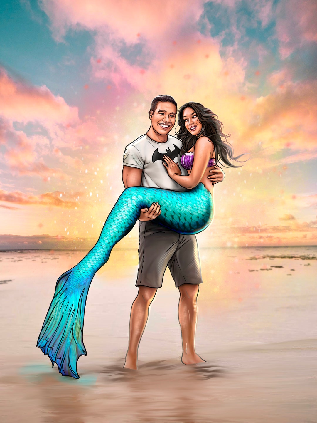 Mermaid Illustration | Family Custom Portrait Romantic Personalized ...