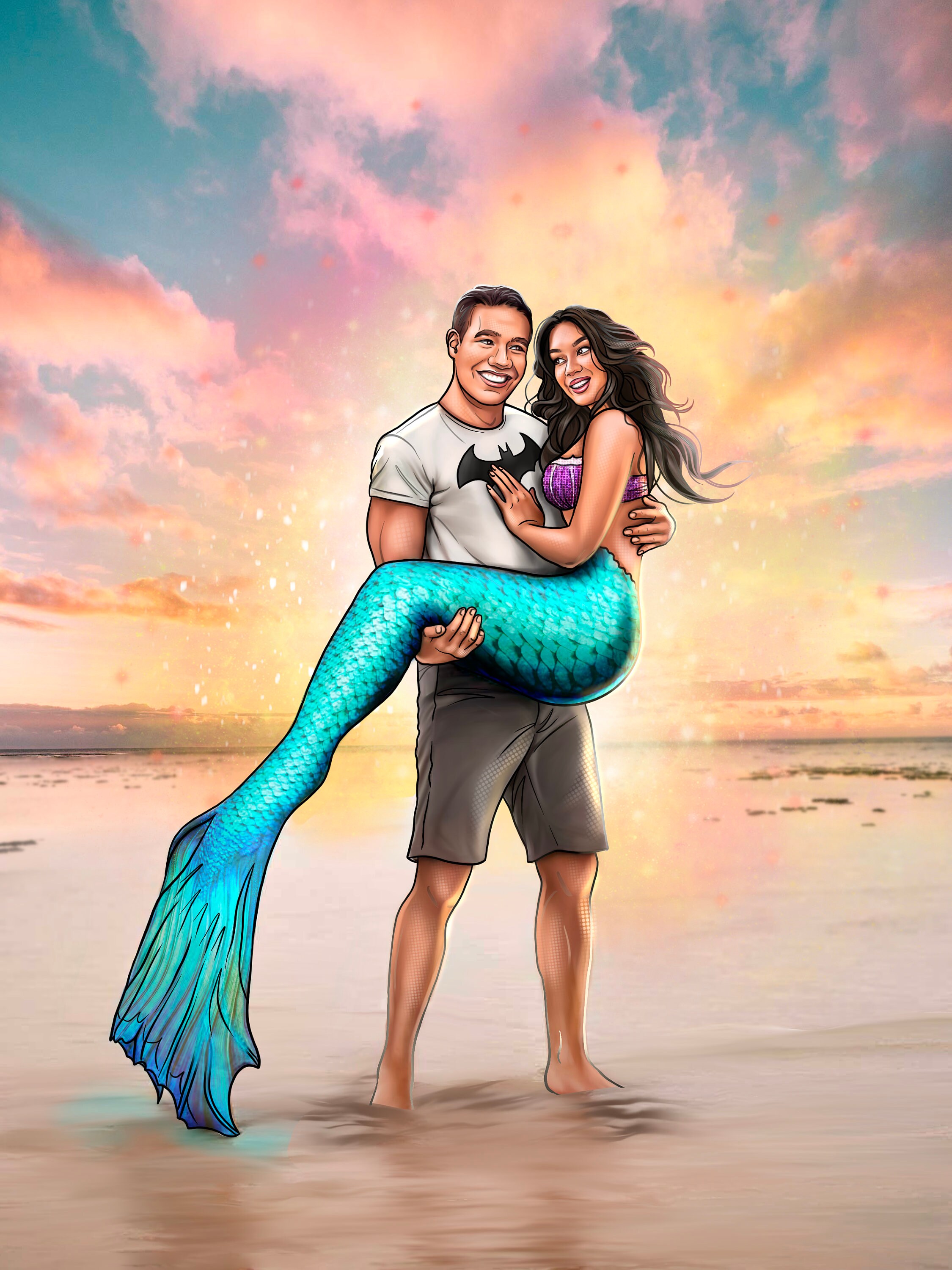 Mermaid Illustration Family Custom Portrait Romantic Personalized ...