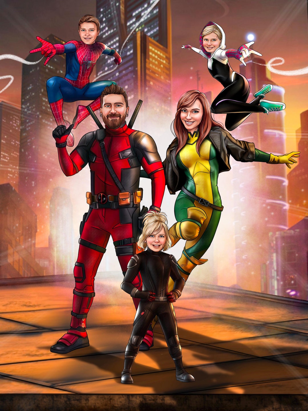 Deadpool Illustration Family Custom Portrait Personalized Drawing ...