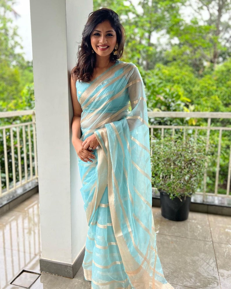 Buy Indian Woven Banarasi Kora Organza Silk Saree With Blouse Piece ...