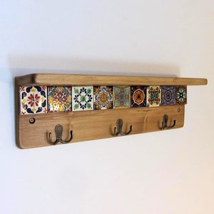 Rustic Wood Key Holder With Mexican Tiles & Bronze Hooks - Etsy