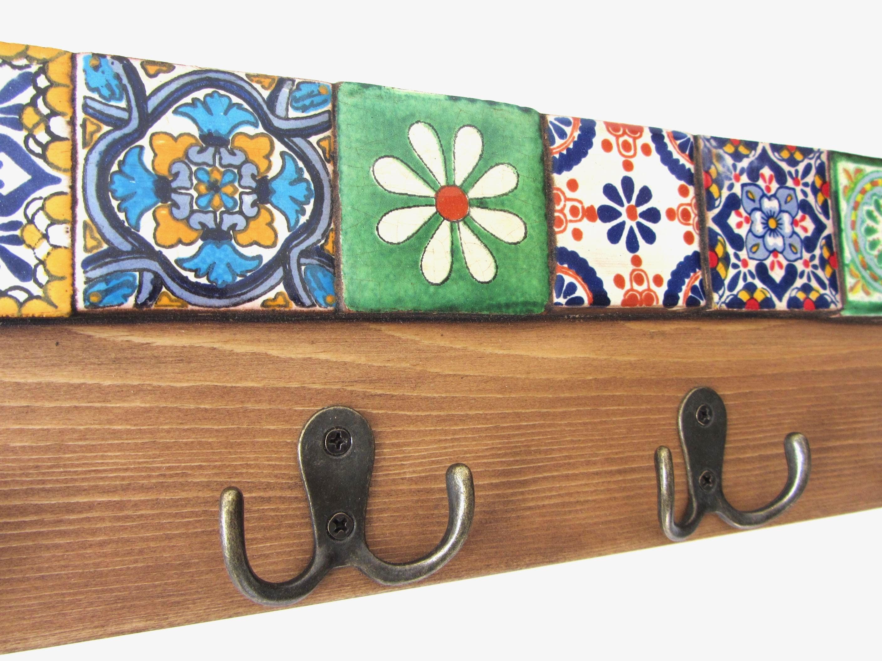 Rustic Wood & Mexican Tile Double Robe Hooks Key Hooks Coat - Etsy