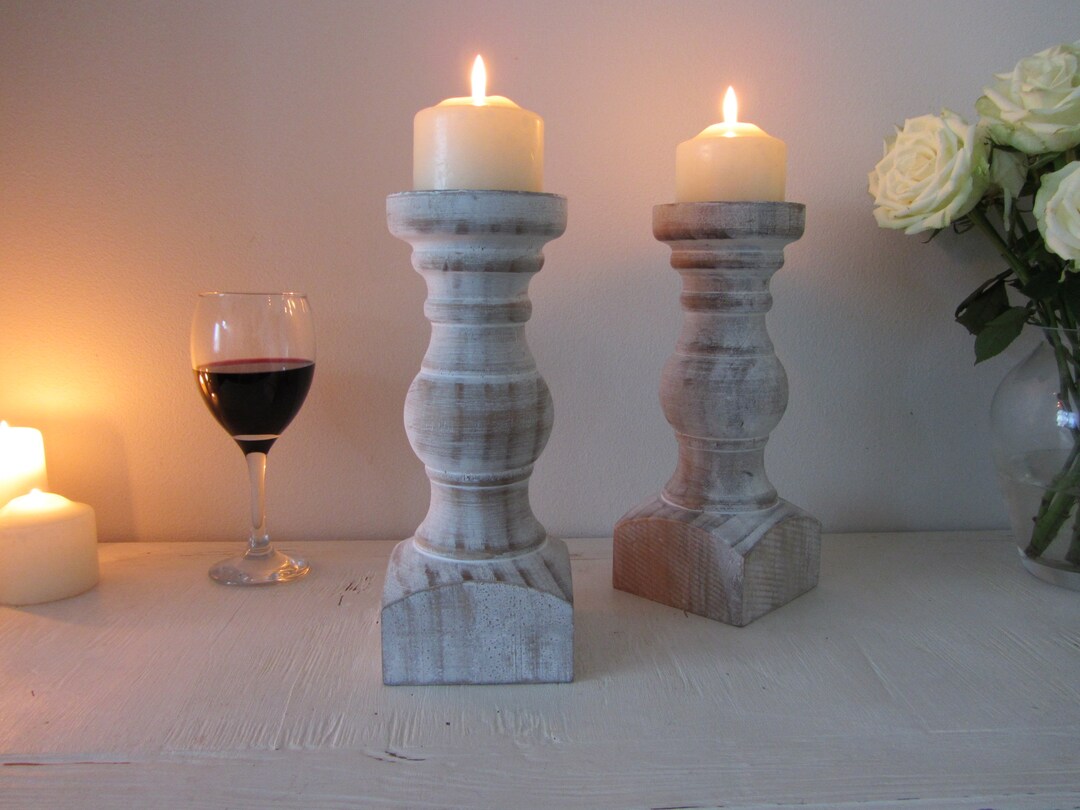 Set of 2 Rustic Chunky Wood Whitewashed Shabby Chic Candlesticks Pillar ...