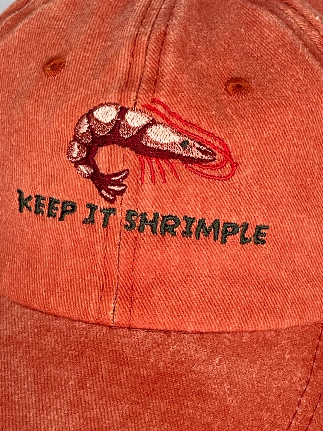 Embroidered Vintage Cap With Shrimp and Olive Green "keep It Shrimple ...