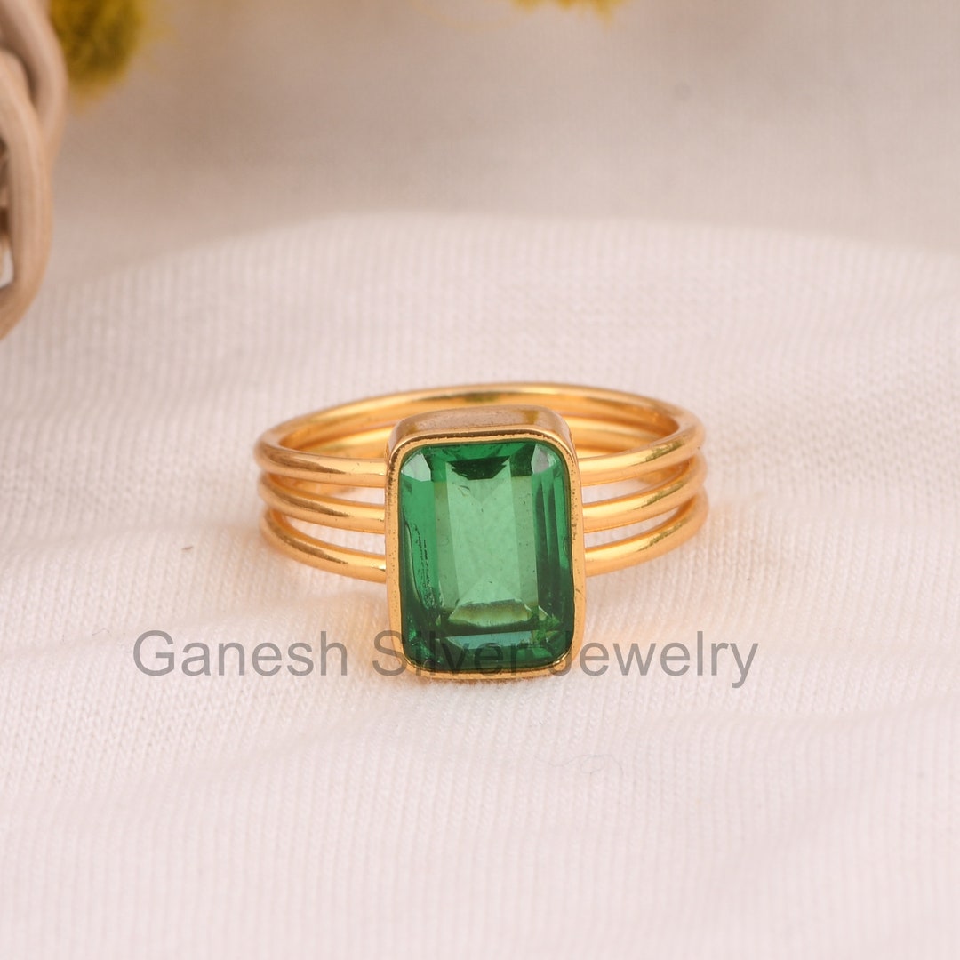 Green Emerald Gemstone Ring 18K Gold Plated Emerald Ring Triple Band ...