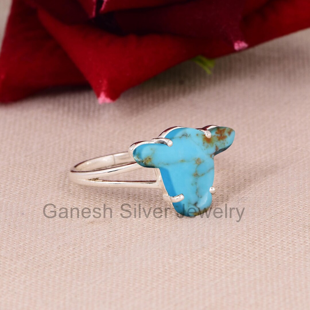 Kingman Turquoise Cow Head Ring, 925 Sterling Silver Ring, Western Cow ...