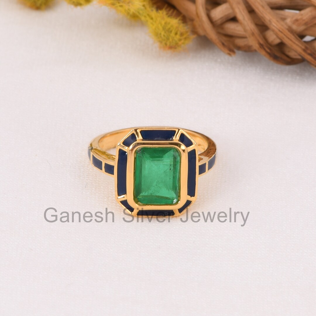 Octagon Shaped Ring With Enamel, Doublet Zambian Emerald Quartz ...