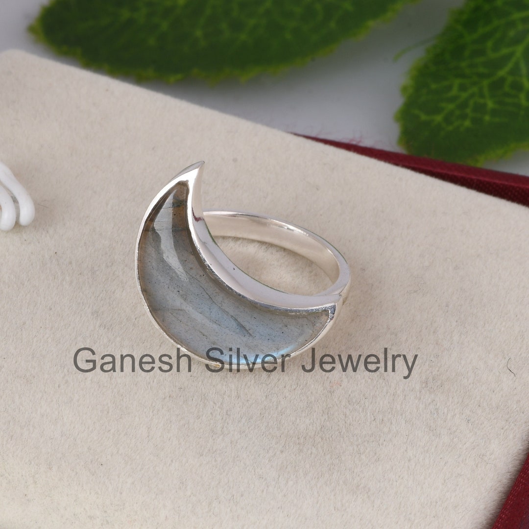 Labradorite Moon Ring, Silver Moon Ring, Cresent Moon, Natural Labradorite, Big Size Moon Ring ...