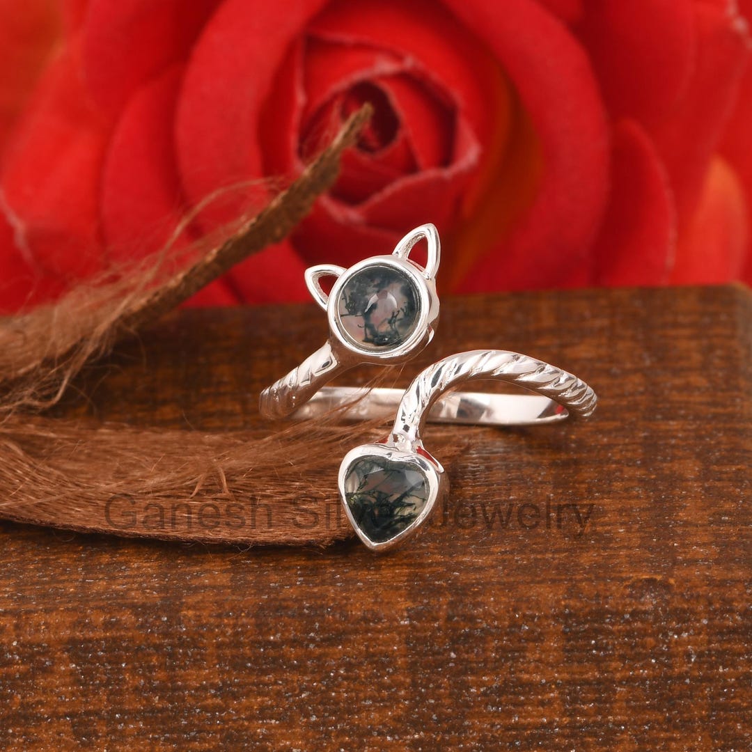 Cat Design Ring, Attractive Moss Agate Gemstone Ring, 925 Sterling ...