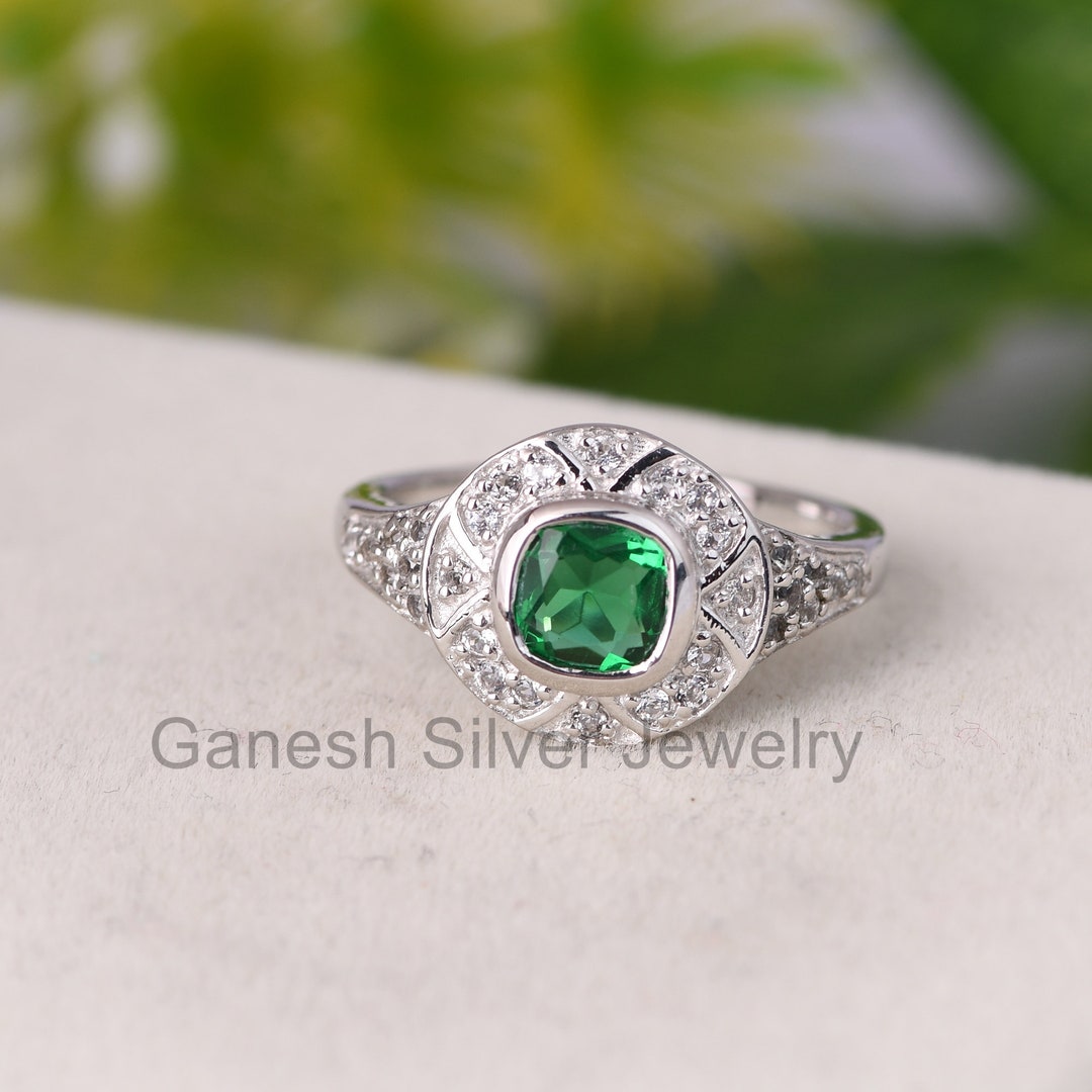 Sterling Silver Ring, Green Glass Gemstone Ring, Solitaire Ring, Topaz ...